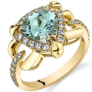 PEORA Aquamarine Homage Ring for Women 14K Yellow Gold with White Topaz, Genuine Gemstone Birthstone, 1.50 Carats Trillion Cut 8mm, Size 7