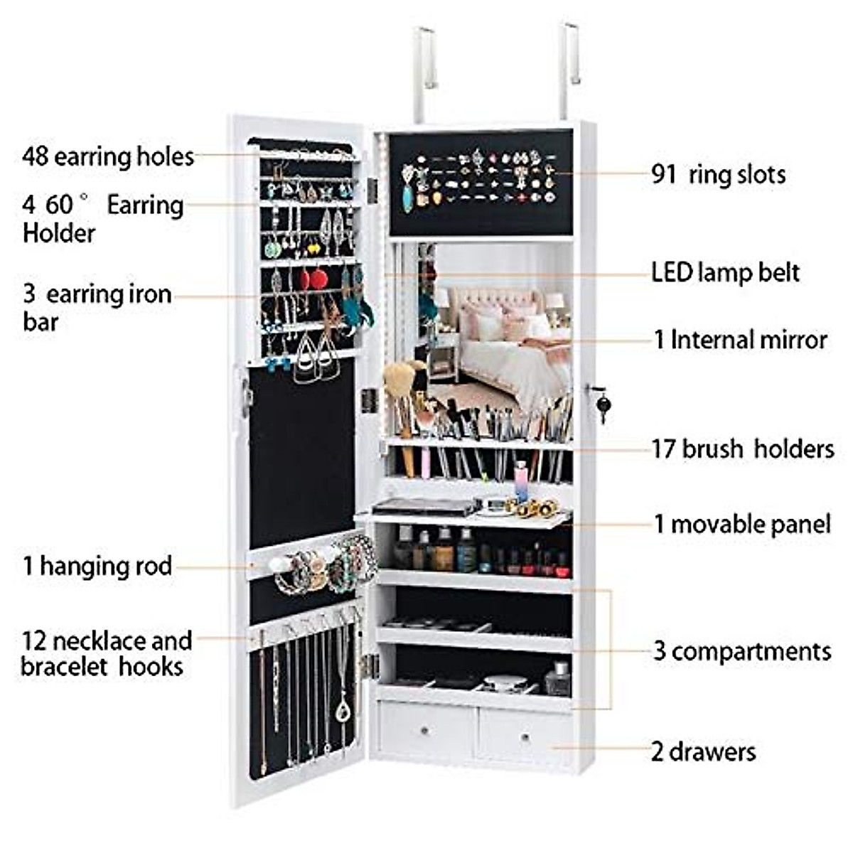 NALLBEIRRAA Jewelry Armoire Cabinet Full Length Hanging Mirror, Makeup Storage Organizer, Wall Mounted, w/Interior Mirror, LED Lights, Lock, Brush Holders, 4 Shelves (White3) …