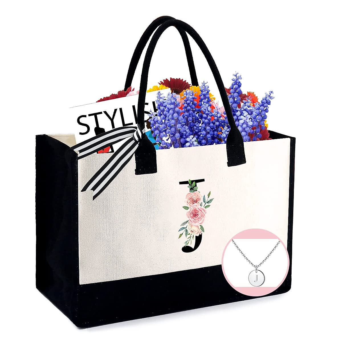 Initial Canvas Tote Bag.Large Canvas Tote Bag for Women.Personalized Birthday Gifts for Women Teacher Bridesmaid.Floral Monogram Tote Bag with Pocket & Initial Necklace. Black/White
