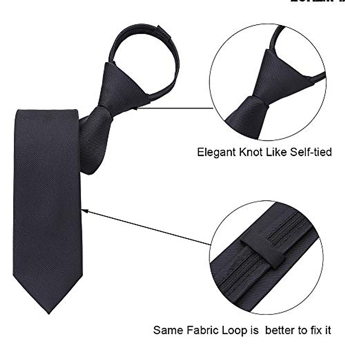 AUSKY Pre-tied Adjustable Zipper Skinny necktie,2.35'' Clip on Slim Solid Black Ties for men or boys (6CM)
