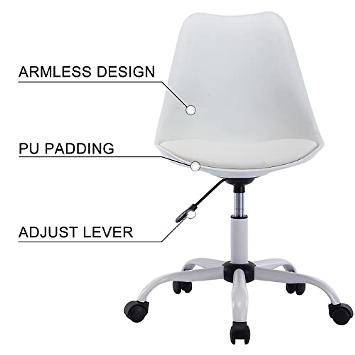 Hyfirm Home Office Desk Chair with Wheels, Swivel Rolling Study Task Chair for Teens Students, Armless Modern Computer Chair for Dorm/Bedroom/Living Room/Small Spaces with Padded Seat, White