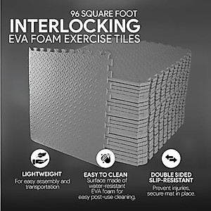 Signature Fitness Puzzle Exercise Mat with EVA Foam Interlocking Tiles for MMA, Exercise, Gymnastics and Home Gym Protective Flooring, 3/4" Thick, 96 Square Feet, Gray