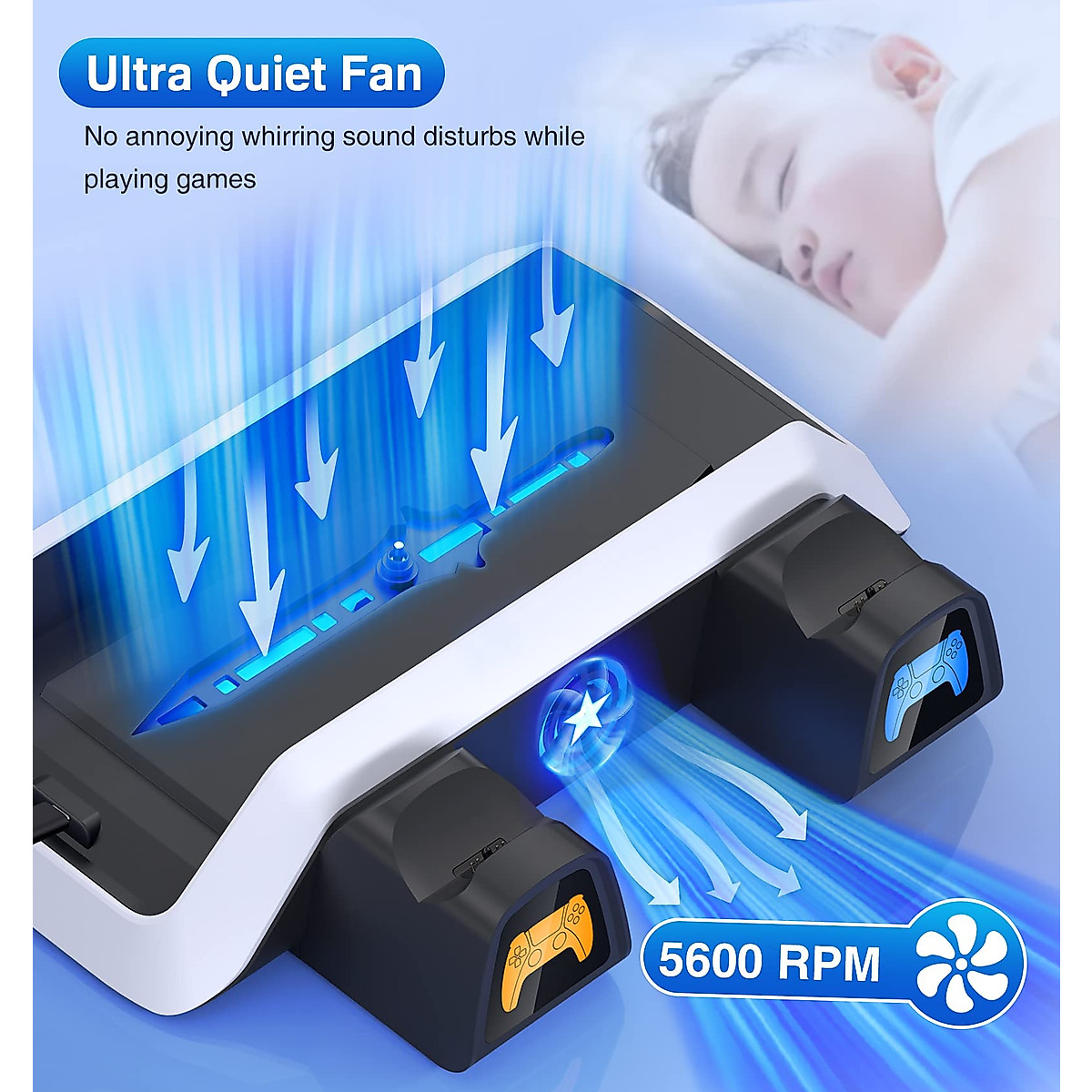 CYKOARMOR PS5 Stand with Cooling Station&Dual Controller Charger for PlayStation 5 PS5 Console(NOT Fit PS5 Slim), PS5 Accessories with 5V/3A Adapter, PS5 Base with Cooler Fan, Charging Dock