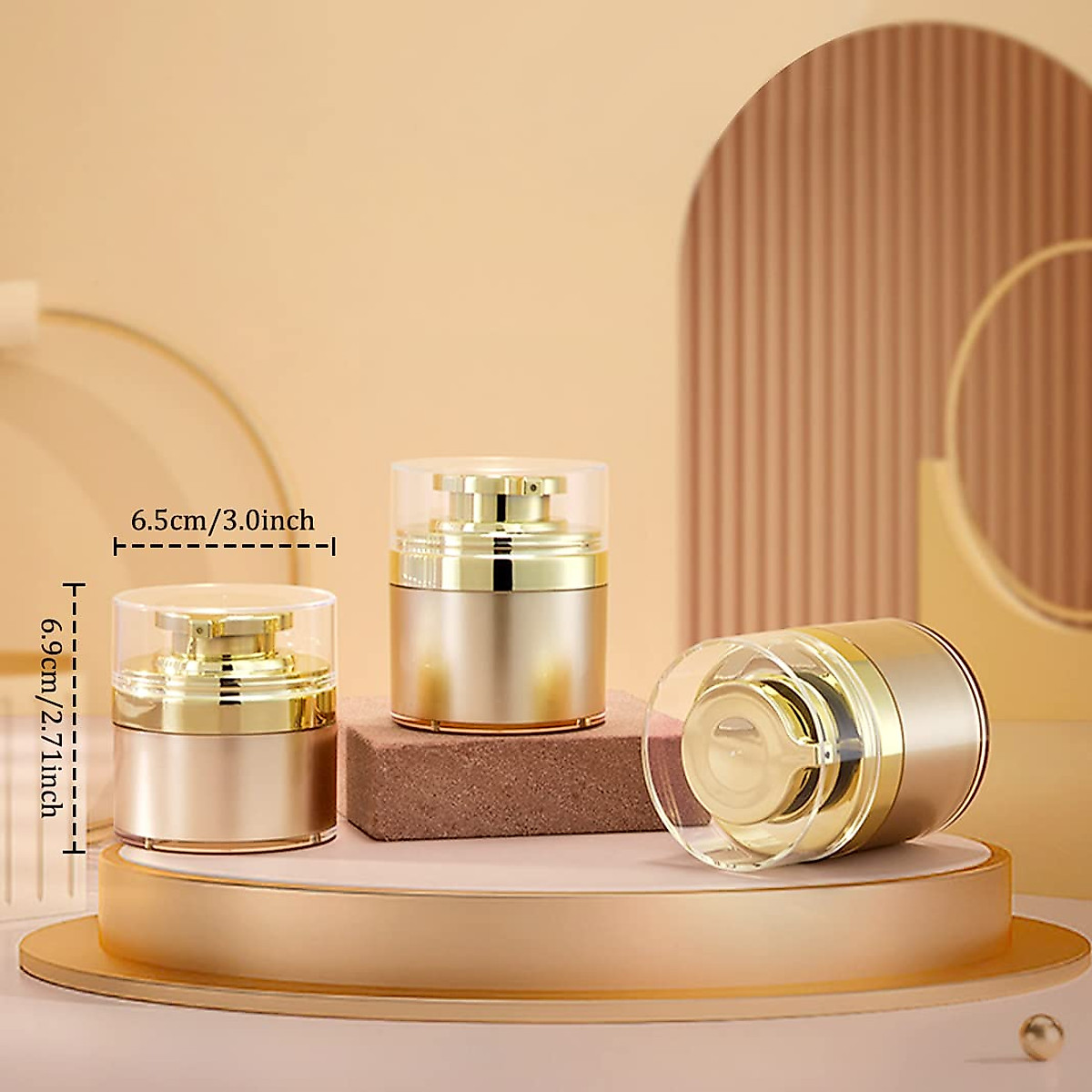 3pcs Golden Refillable Vacuum Bottle Cream Jar Side Leaking 1.0 oz 30ml Cosmetic Air Pump Jars Travel Containers Lotion Cream Dispenser for Makeup Lotion Moisturizer Creams