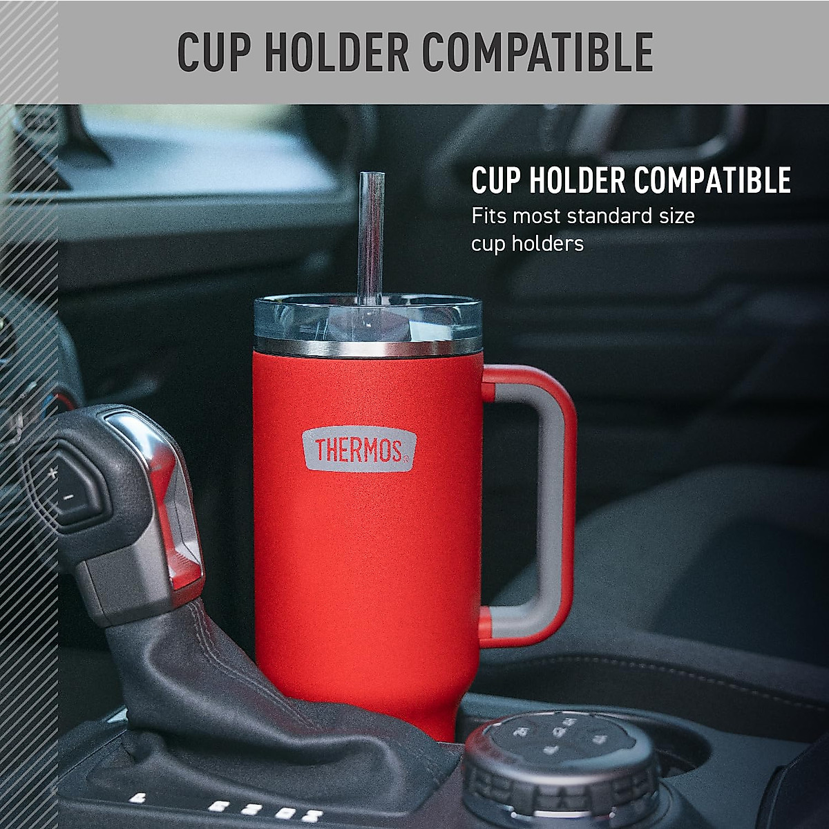 THERMOS Stainless Steel Cup Holder Mug - 40 Ounce, Crimson - Insulated Tumbler with Lid and Straw, Plus Leak-Resistant Slide Lock