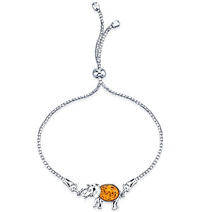 PEORA Genuine Baltic Amber Elephant Charm Bracelet for Women 925 Sterling Silver, Rich Cognac Color, Adjustable Pull String Bolo, 9 inches