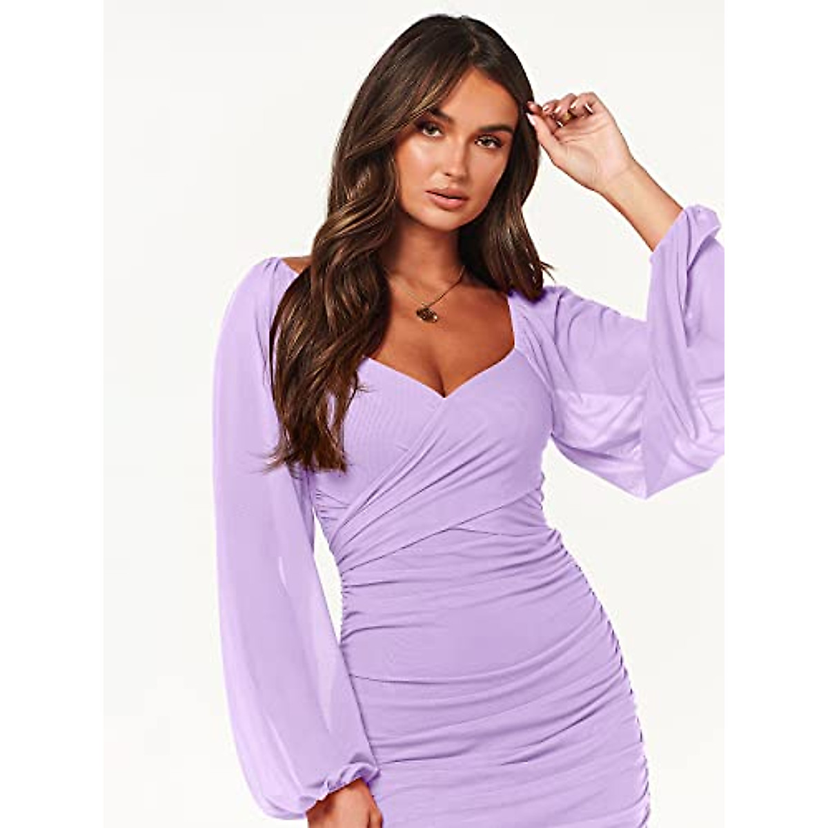 ANRABESS Women's Sexy V Neck Ruched Bodycon Mini Dress Puff Long Sleeve Cocktail Wedding Party Short Dresses 955danzi-S Purple