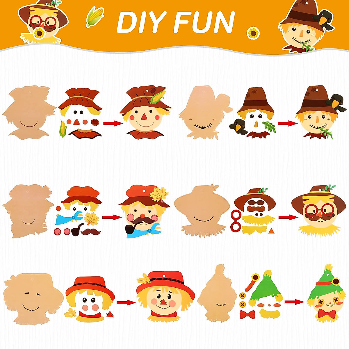 Yexiya 24 Pieces Fall Scarecrow Head Craft Kits Assorted Scarecrow DIY Ornaments for Kids Art Gift Favors Autumn Thanksgiving Project Home Classroom Game Activities