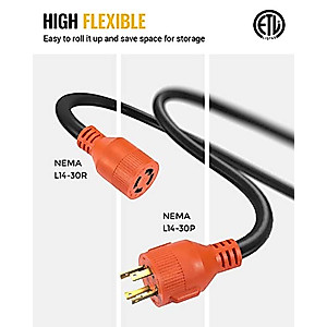 BougeRV 30 Amp 20 Ft Generator Power Cord 10 Gauge for Manual Transfer Switch Nema L14-30 Heavy Duty Electric Extension Wire 4 Prong 10 Gauge SJTW Cable 125/250V 7500 Watts