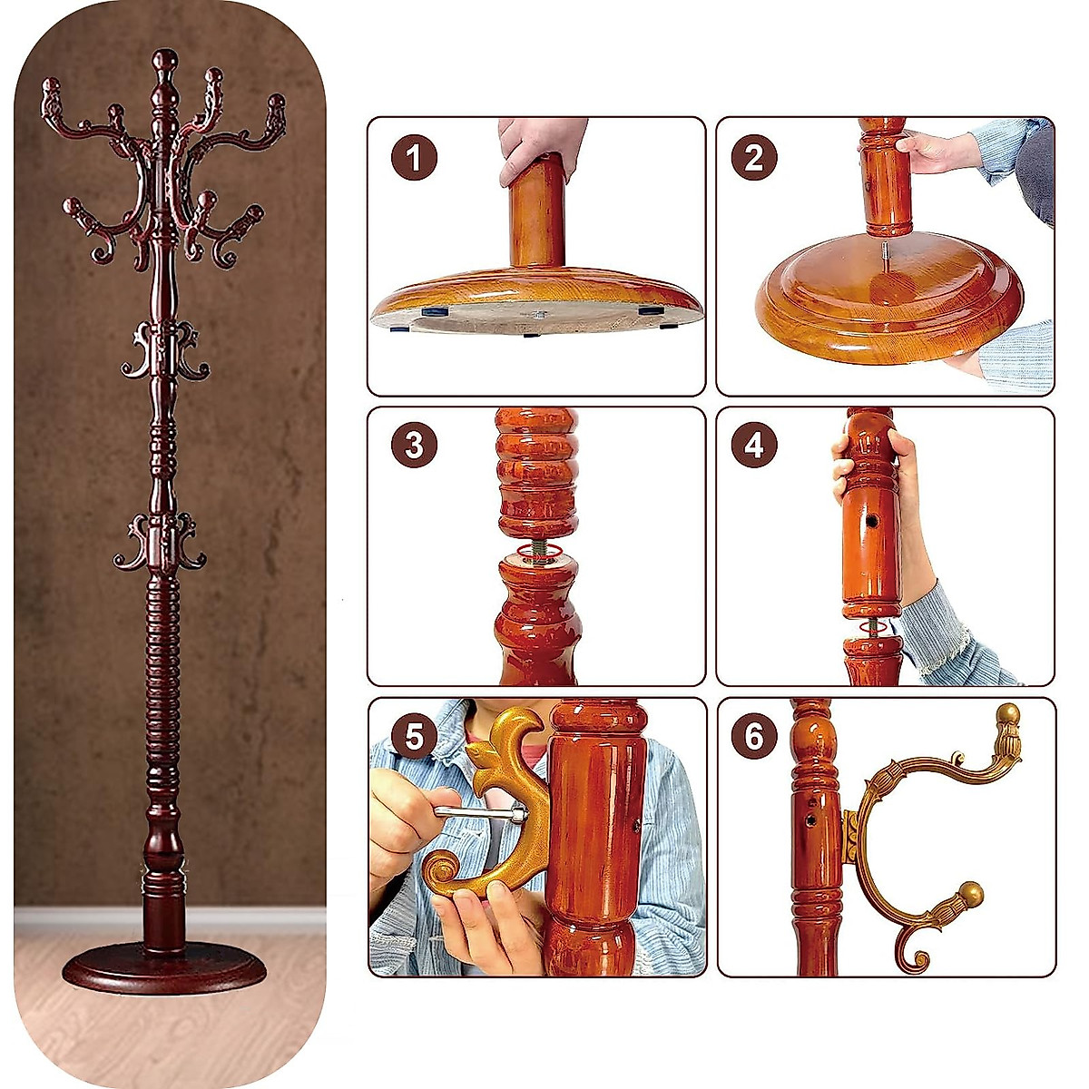 SerHirst Coat Rack Freestanding, Wooden Coat Tree Stand with 14 Hooks, Easy Assembly with Stable Disc Base for Bedroom, Hallway, Entrance Office for Hats, Coats, Scarves (Mahogany color)