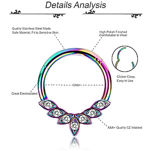 REVOLIA 9Pcs 16G Stainless Steel Septum Rings Clicker Ring Hoop Nose Ring Cartilage Helix Daith Tragus Earring Hinged Piercing C