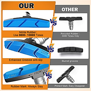 Alritz Bike Brake Pads Set, 6 PCS Road Mountain Bicycle V-Brake Blocks Shoes with Hex Nut and Shims, No Noise No Skid, 70mm, for Front and Back Wheel (Blue)