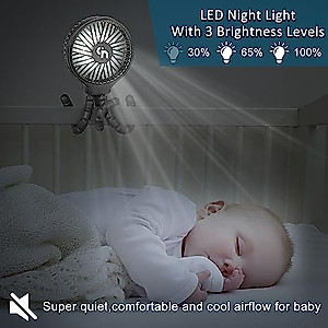 WiHoo 5200mAh Stroller Fan with LED Lights,Portable Fan for Car Seat Baby Stroller Fan with Flexible Tripod 3 Speeds for Golf Cart Crib Bike Treadmill