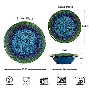 Melamine Dinnerware Set 12 PCS Teal Turquoise Tableware Plates Bowls Blue Green Dishwasher Safe Not Microware Not Oven