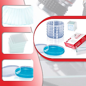 Sterile Plastic Petri Dishes Set, 50 Pcs Pre-Cleaned Blank Microscope Slides, 100 Pcs 20x20mm Square Cover Glass, 5 Pcs 90mm Diax15mm Deep Lab Petri Plate Dish with Lid and 10 Test Pipette Droppers