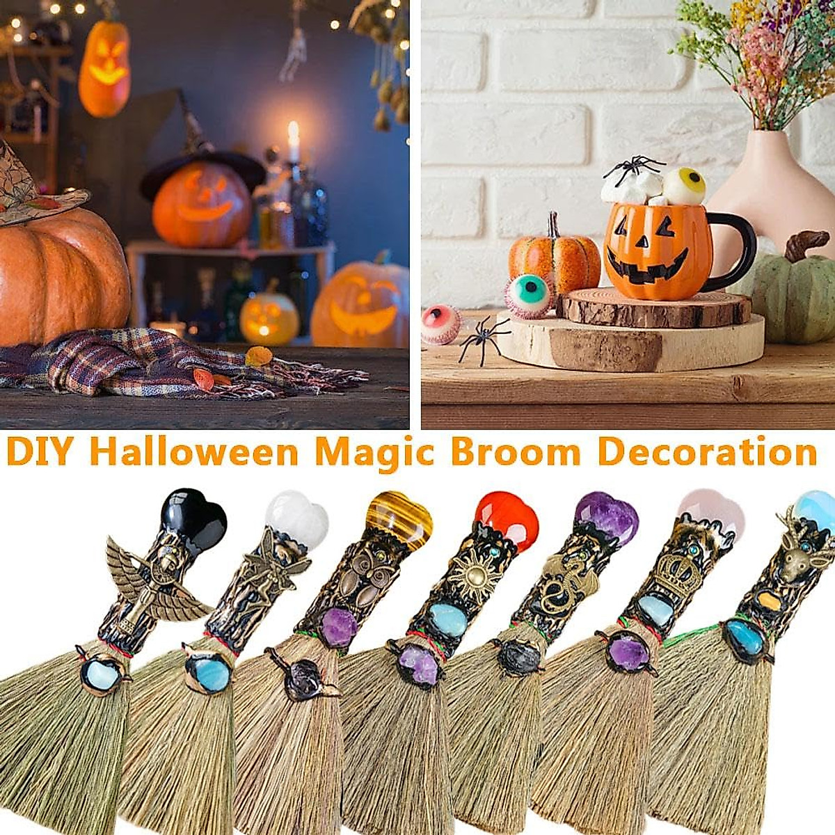 JHIALG Witch Broom Crystal Witch Wiccan Altar Broom, Halloween Hanging Props Cosplay Broomstick, Handmade Reiki Broomstick for Cleansing Healing Fengshui