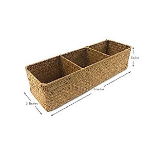 3-Section Larger Toilet Tank Topper Paper Basket,Hand-woven Seagrass Storage Rectangular Basket and Home Organizer Bins,Natural Water Hyacinth Basket (brown middle)