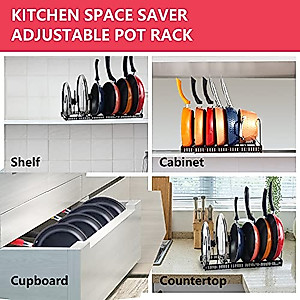 XSUPER Expandable Pot and Pan Organizer for Cabinet, Kitchen Pot Rack Organizer, Pans and Pots Lid Organizer Rack Holder with 7 Adjustable Compartments, Black