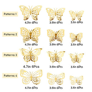 72 pcs 3D Butterfly Wall Decor Stickers, Gold Butterfly Party Decorations Butterfly Wall Decals Butterfly Bedroom Classroom Wedding Cake Balloon Baby Shower Decor Aesthetic for Girl,4 Styles 3 Sizes