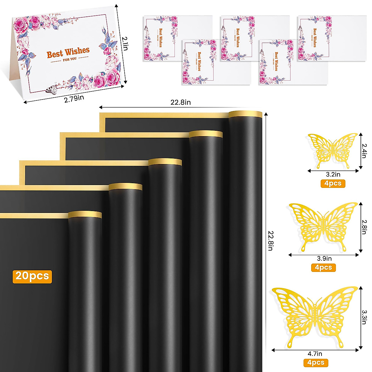 XIRTAIOV 20 Sheets Flower Wrapping Paper, Waterproof Floral Bouquet Wrapping Paper with 3D Butterflies and Greeting Cards, Florist Supplies Packaging Paper for Wedding Birthday Gift DIY (Black)