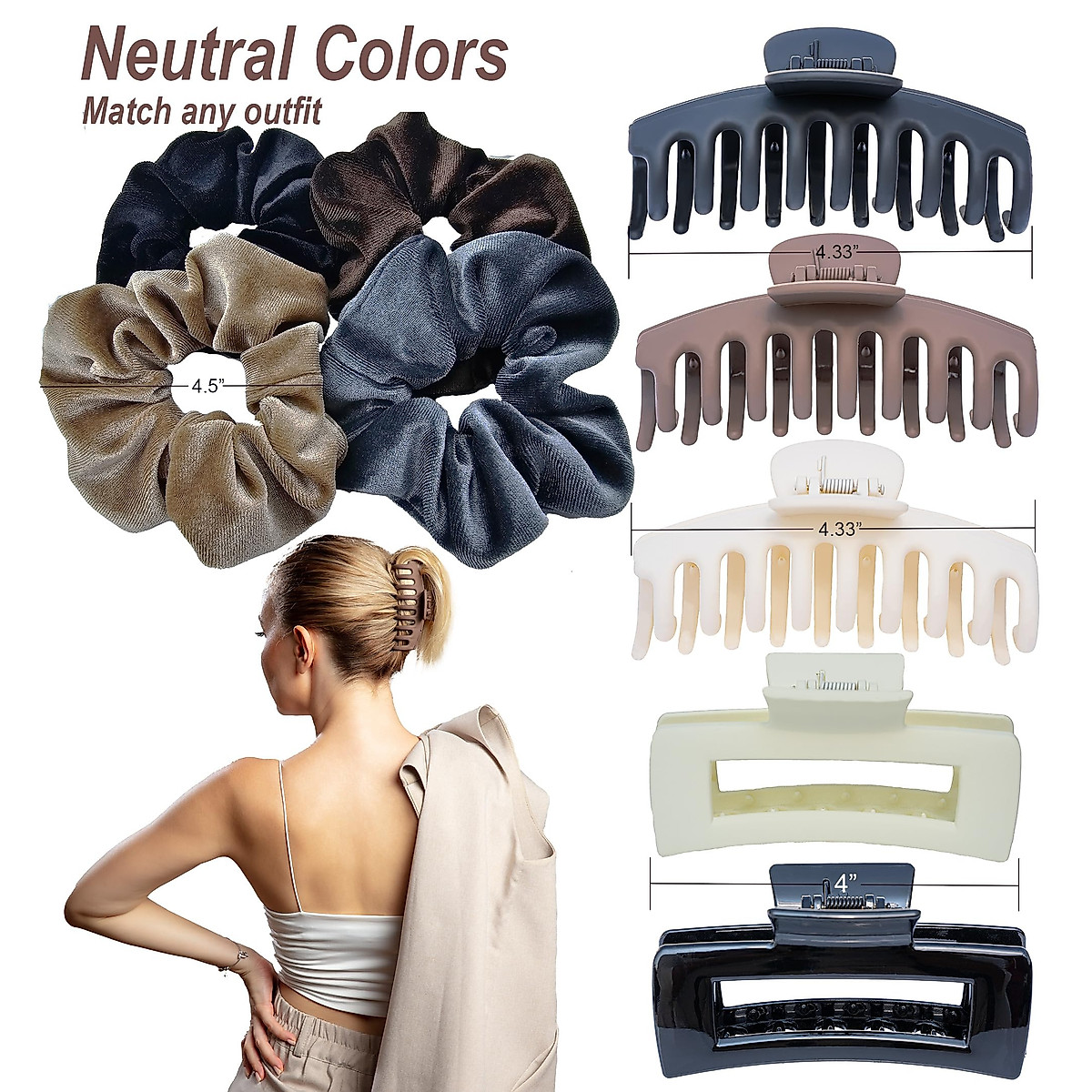 20 pack- Large Hair Clips for Thick Hair & Velvet Scrunchies, 4.3 & 4in Big Claw Clips Set with 4.5in Soft Scrunchies Matches Any Outfit for Any Hairstyle on any Occasion