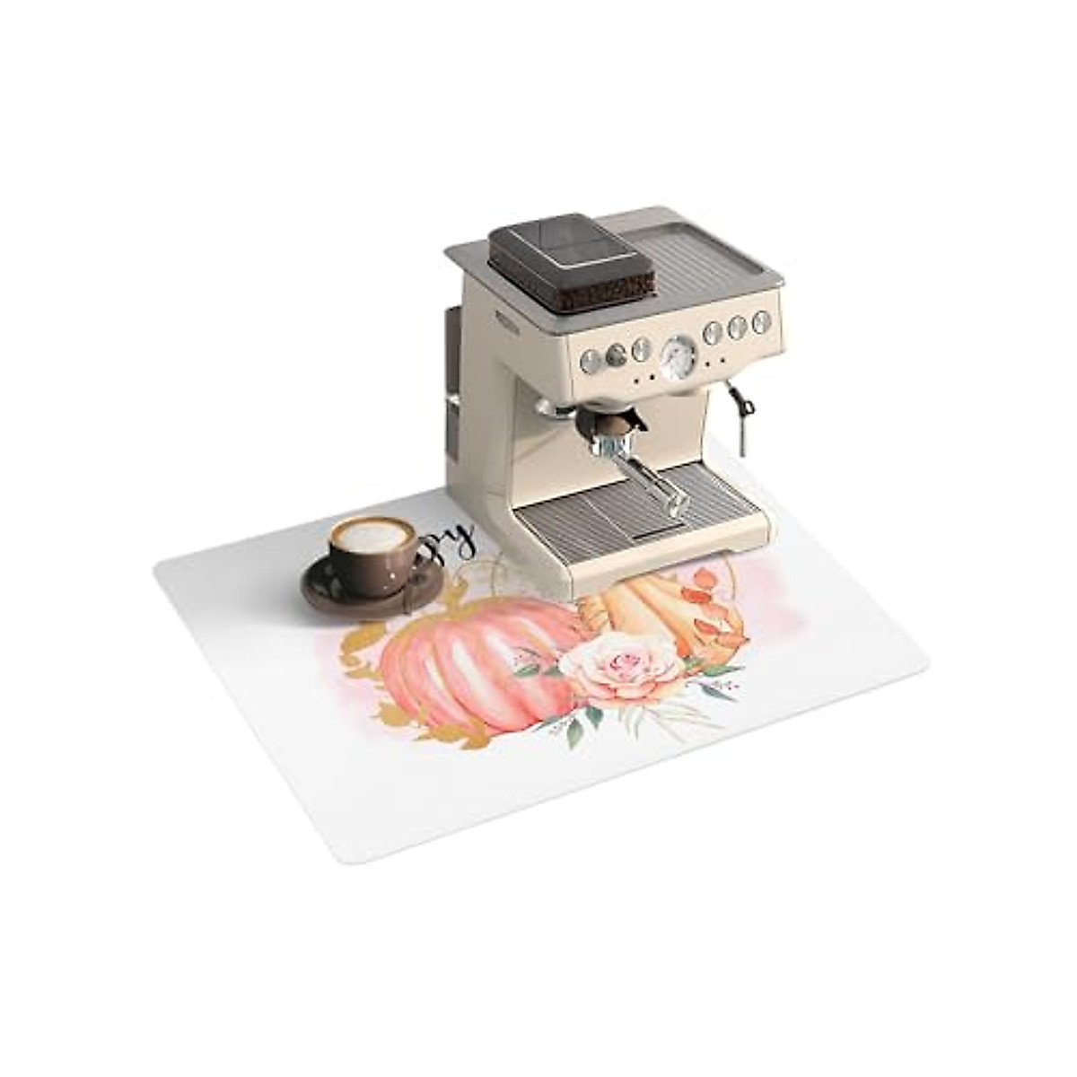 Coffee Mat for Counter, Happy Fall Thanksgiving Pink Pumpkin with Rose Absorbent Hide Stain Coffee Bar Mat, Non-slip Coffee Bar Accessories Kitchen Drying Mat Fit Under Coffee Maker Espresso Machine