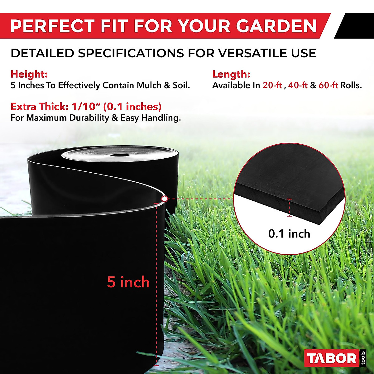 TABOR TOOLS 20 Ft Terrace Board, 5 Inch High, 0.1" Inch Thickness, Landscape Edging Coil, Grass Barrier, Bender Board, Garden Liner, ES30. (Black)