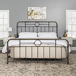 Walker Edison Vintage Antique Metal Iron Pipe King Size Bed Headboard Footboard Bed Frame Bedroom, King, Bronze