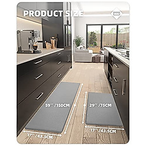 Color G Kitchen Rugs Set 2 Piece Kitchen Runner, Floor Mat, Cushioned Anti Fatigue Non Skid Waterproof Comfort Standing Kitchen Rug, 17"x29"+17"x59", Grey