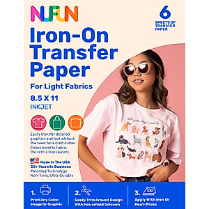 NuFun Activities Heat Transfer Paper for T Shirts, Light Fabrics, Inkjet Printable Iron-On Heat, 8.5 x 11 inch, Make Your own Custom T-Shirt (6 Sheets)
