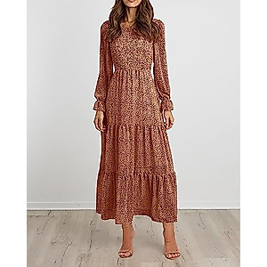BTFBM Women Casual Long Sleeve Crew Neck Fall Dress Bohemian Relaxed Fit Floral Flowy Maxi Dresses Tiered Cocktail Dress（Floral Brown, Small