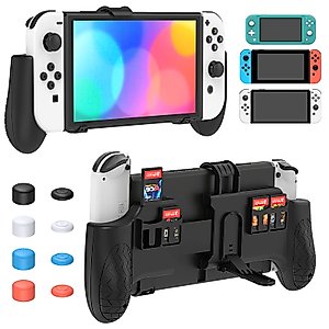 Switch OLED Grip Case Compatible with Nintendo Switch/ Switch OLED/ Switch Lite - Universal Hand Grip Accessories with Adjustable Stand/ 4 Game Slots, 8 Thump Caps for JoyCon & Switch Control, Black