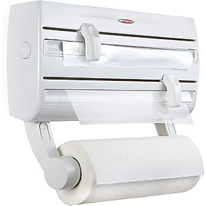 Leifheit 25771 4-in-1 Wall-Mount Paper Towel Holder | Plastic Wrap and Foil Dispenser with Spice Rack | White