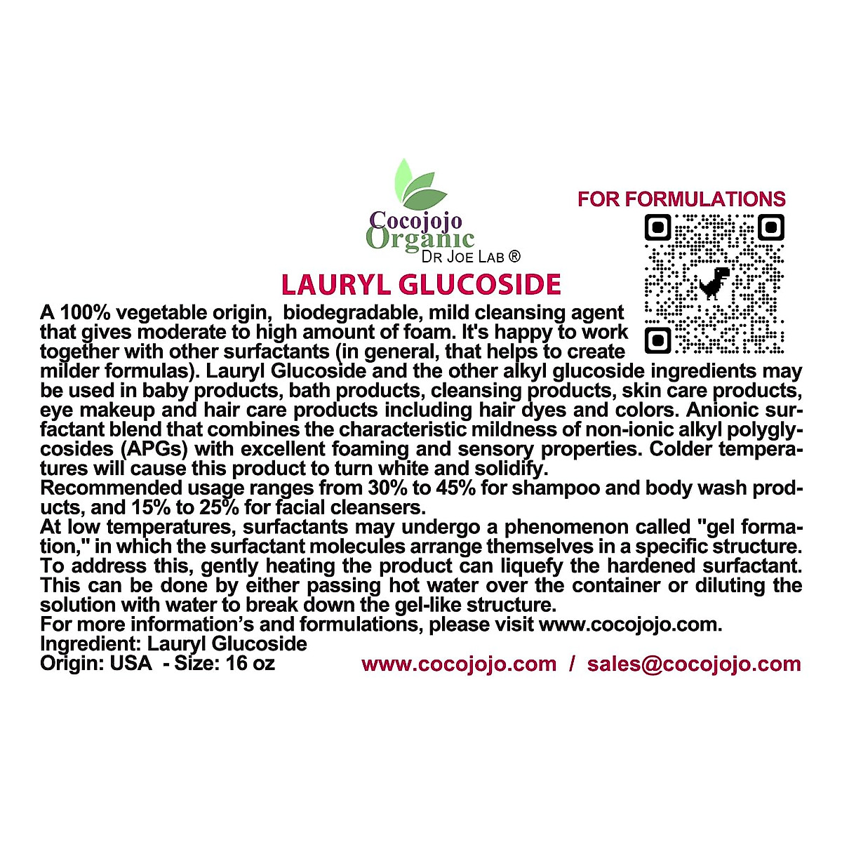 Dr Joe Lab Lauryl Glucoside Natural Surfactant - Surfactants for Soap Making, Lauryl Glucoside, DIY Shower Gel, Skin Care, Body and Face Wash, Plant Derived, Natural - 16 Oz