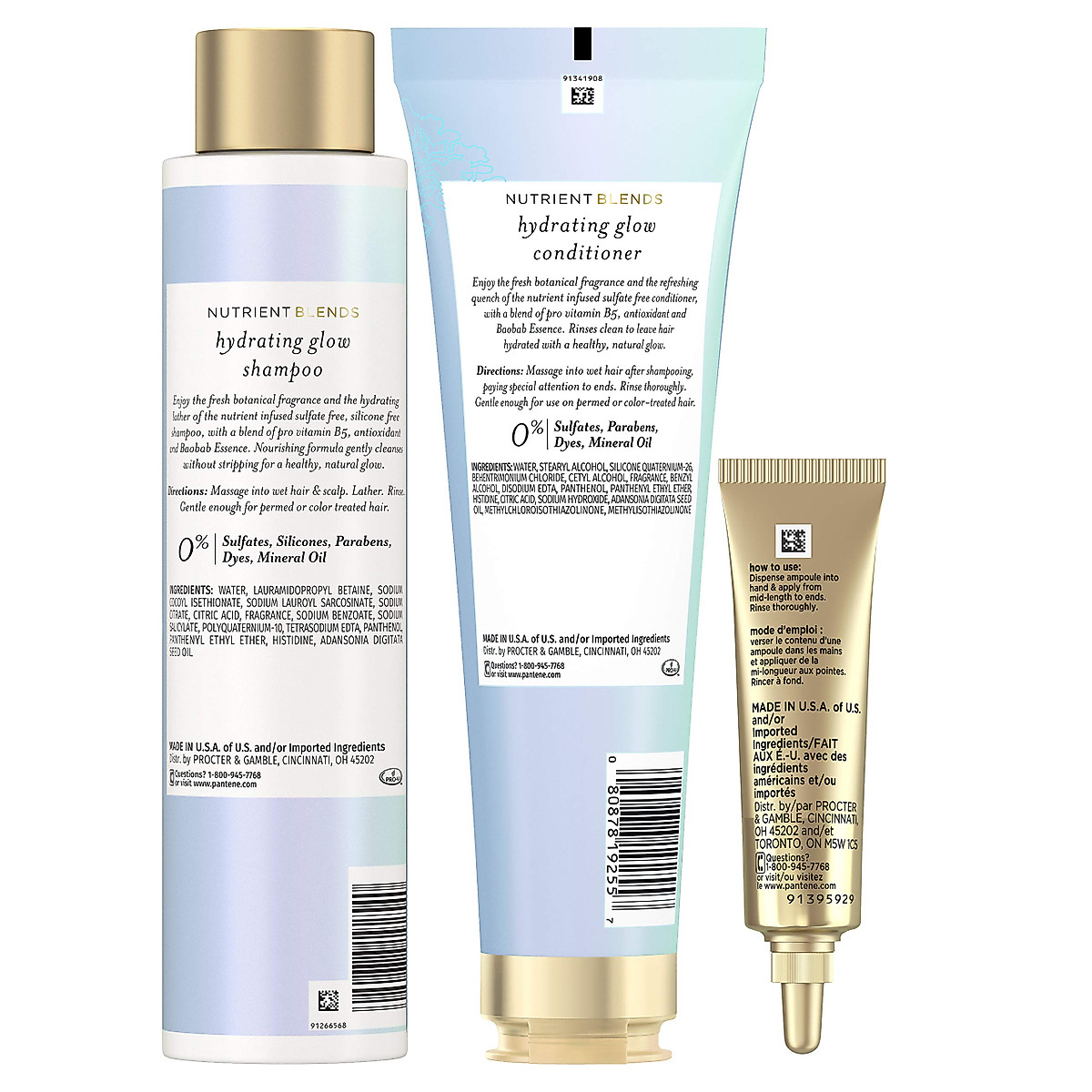 Pantene Shampoo and Conditioner Set, plus Hair Mask Rescue Shot Treatment, with Baobab Essence, Nutrient Blends Hydrating Glow, Sulfate Free