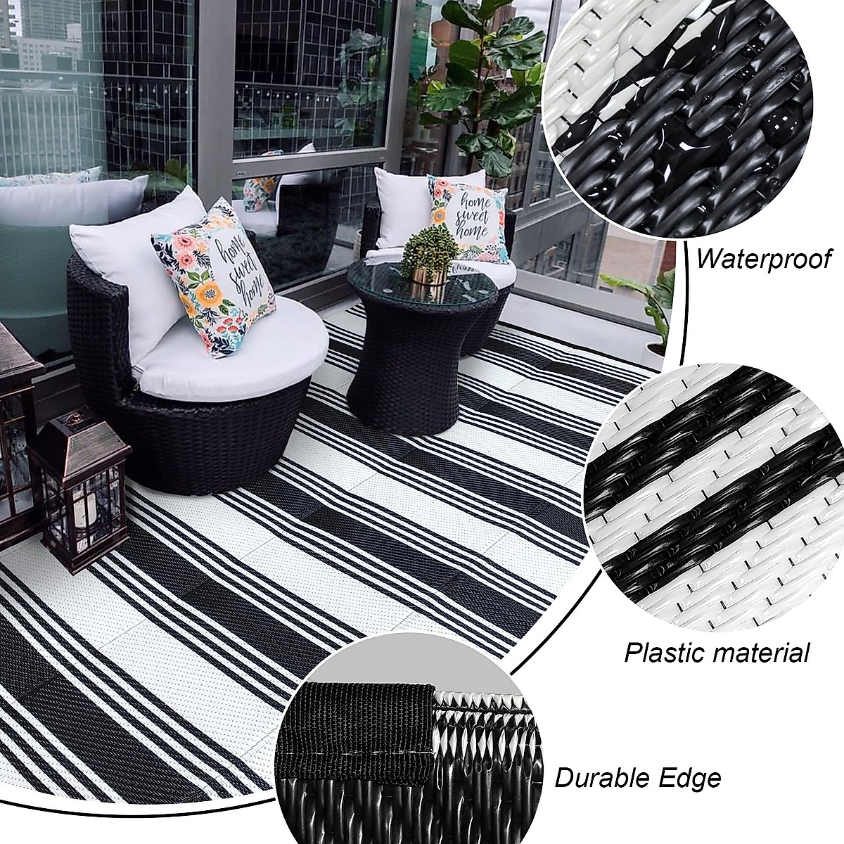 Pcinfuns Plastic Straw Rug,Patio Rugs RV Camping Rug Reversible Mat,6'x9' Reversible Mats Large Floor Mat and Rug for Outdoor,Black & White Thin Stripe