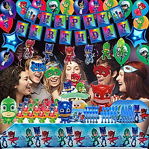 129pcs Pj-Masks Birthday Party Supplies Including Banners, Tablecloths, Cutlery, Spoons, Plates, Napkins, Hanging Swirls, Balloons, Cake Toppers, Cupcake Toppers, Character Foil Balloons