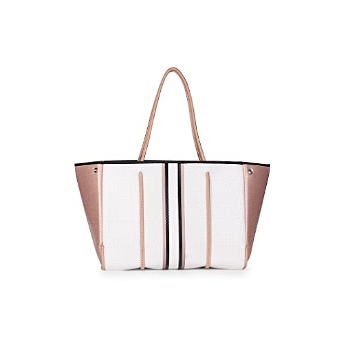 Haute Shore - Greyson Diva Neoprene Tote Bag w/Zipper Wristlet Inside, White W/Black, Rosegold & White Stripe