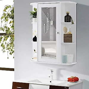 3 Tier Outside Bathroom Wall Mirror Cabinet, 6 Open Shelves Toilet Cabinet Multipurpose Storage Organizer ，White