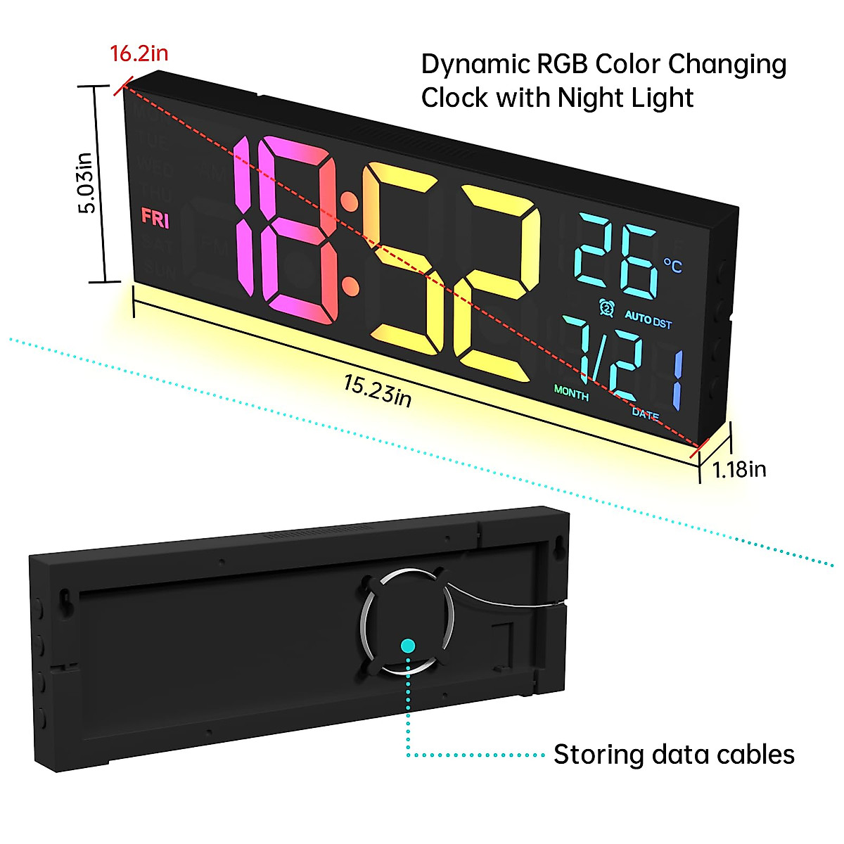 Digital Wall Clock Large Display, 16.2" Digital Wall Clock with RGB Color Changing Remote Control, Automatic Brightness Dimmer with Night Lights, Auto DST, Date Week,Temperature