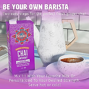 Bhakti Sugar Free Chai Concentrate, Unsweetened, Fresh Pressed Ginger and Black Tea Blend, Vegan, Organic, Gluten-Free, All-Natural Ingredients, 32 Ounce Cartons (Pack of 2)