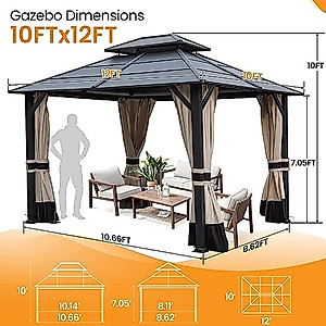 Hardtop Gazebo 10x12 - Outdoor Gazebo with Netting and Curtains, Double Metal Roof Gazebo Aluminum Frame for All Weather, 10 x 12 Gazebo Perfect for Backyard, Deck, Hot Tub, Patio Lawn Garden Poolside