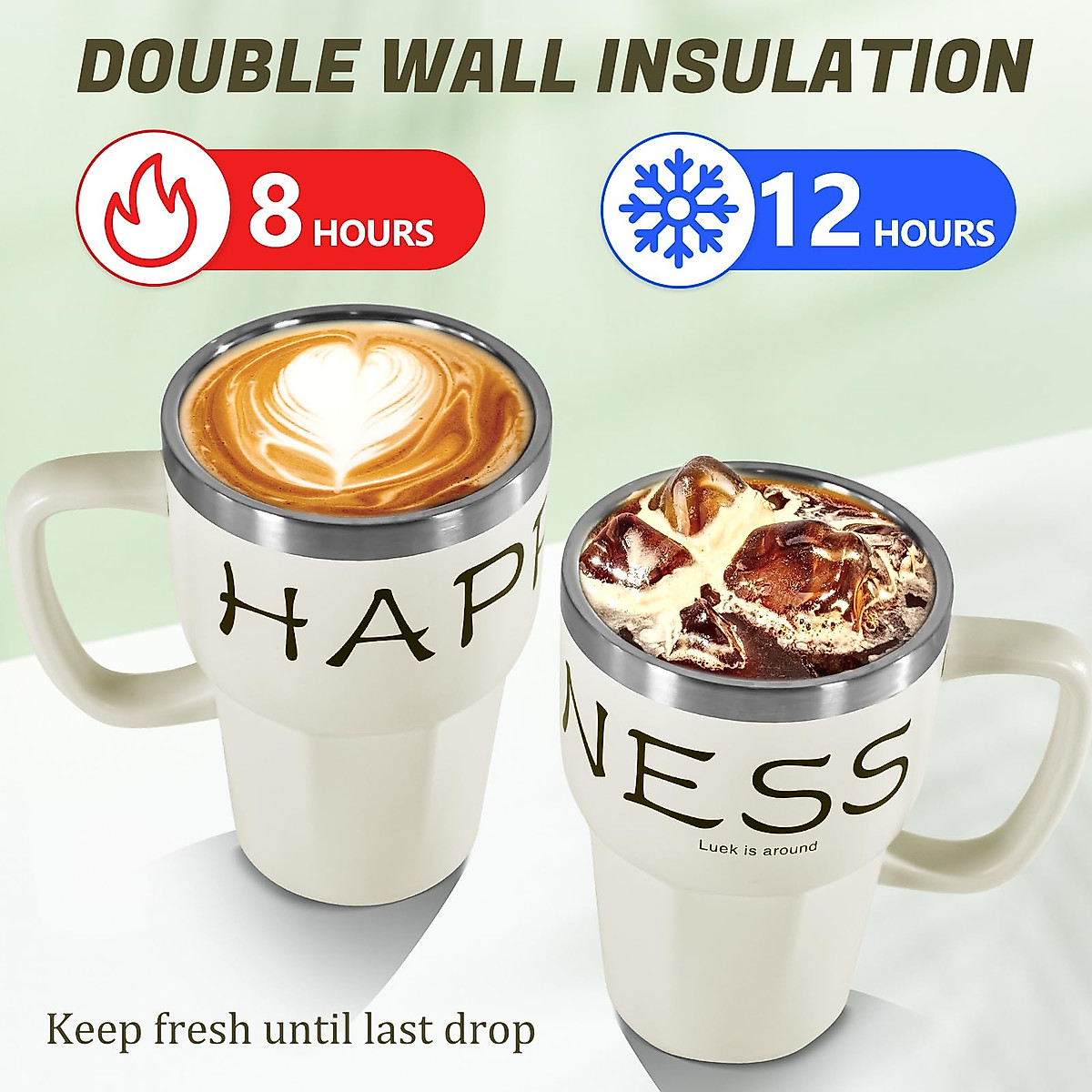 21 oz Insulated Coffee Mug Tumbler with Handle, Stainless Steel Travel Mug Tumbler with Lid and Straw, Coffee Travel Mug Spill Proof with Lid for Keep Hot/Ice Coffee, White