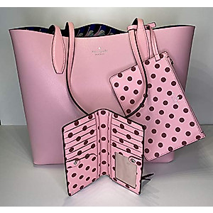 Kate Spade New York Arch Love Birds Large Reversible Tote bundled with matching Large Slim Bifold Wallet (Pink/Blue/Geo Birds)