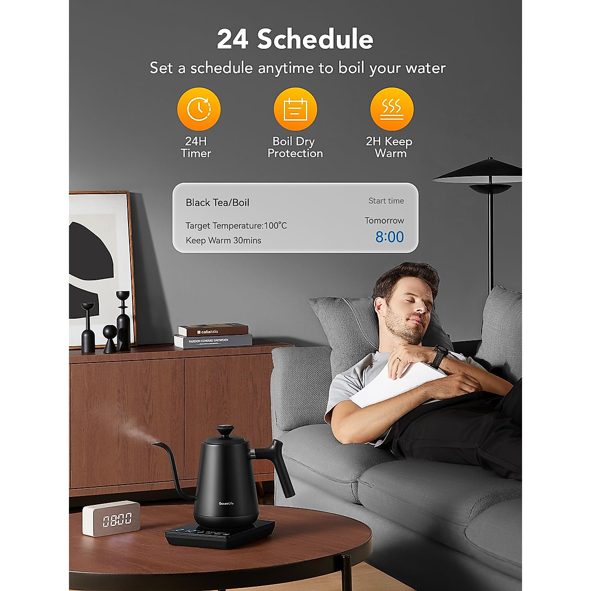 GoveeLife Smart WiFi Electric Kettle with LED Display, Variable Temperature Control, 0.8L, Alexa Compatible - Stainless Steel Kettle for Pour Over Coffee, Brew Tea, Boil Hot Water, Matte Black