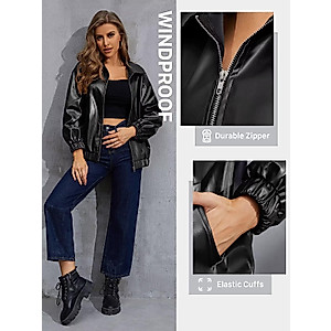 PITINAN Womens Leather Jacket Black Bomber Jacket Women 2023 Fall Faux Leather Jacket Leather Coat for Women Relaxed-fit Windproof Womens Motorcycle Jacket Black XXL