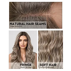 HAIRCUBE Mixed Ash Brown Wigs for Women Long Curly Layered Lace Wig Middle Part with Dark Roots