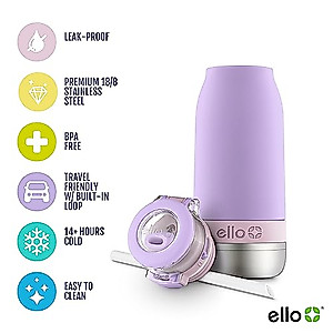 Ello Emma 14oz Vacuum Insulated Stainless Steel Kids Water Bottle with Straw and Built-in Carrying Handle and Leak-Proof Locking Lid for School Backpack, Lunchbox and Outdoor Sports, Lilac