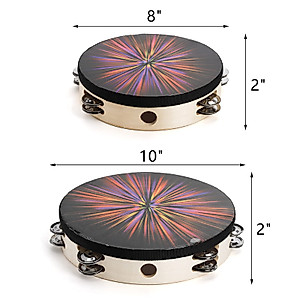 ZEAYEA 2 Pack Radiant Tambourine, 8 Inch 10 Inch Double Row Jingle Tambourine for Kids Adults Church, Hand Held Drums Percussion, Musical Educational Drum Instrument for Games, Party