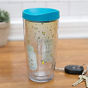 Signature Tumblers Let Your Light Shine Firefly Wrap on Clear 16 Ounce Double-Walled Travel Tumbler Mug with Turquoise Easy Sip Lid